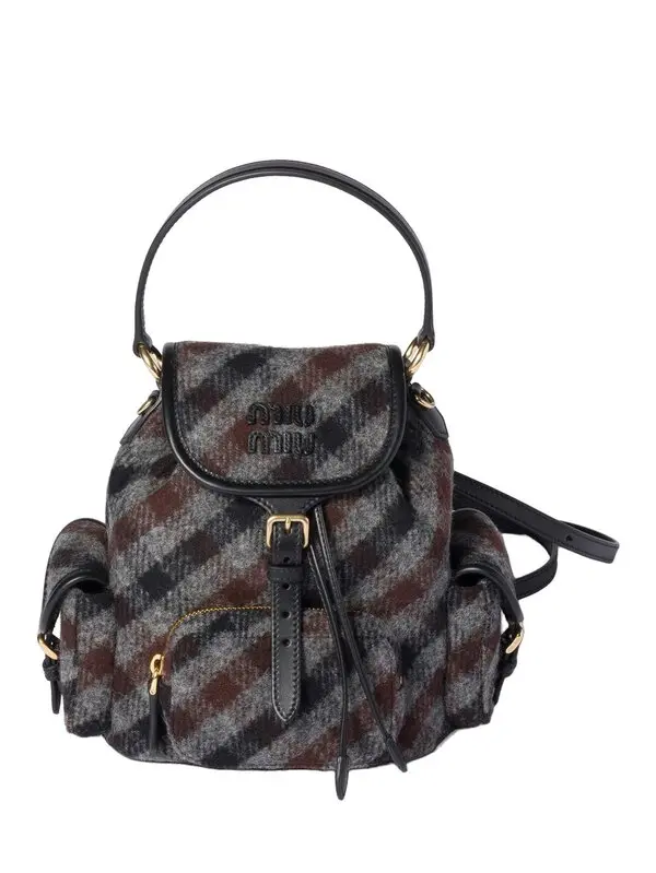 Miu Miu Plaid And Leather Backpack - Slate Gray/cocoa Brown