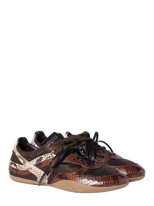 Miu Miu Gymnasium Technical Fabric And Python-print Ayers Leather Sneakers - Dark Brown/tobacco