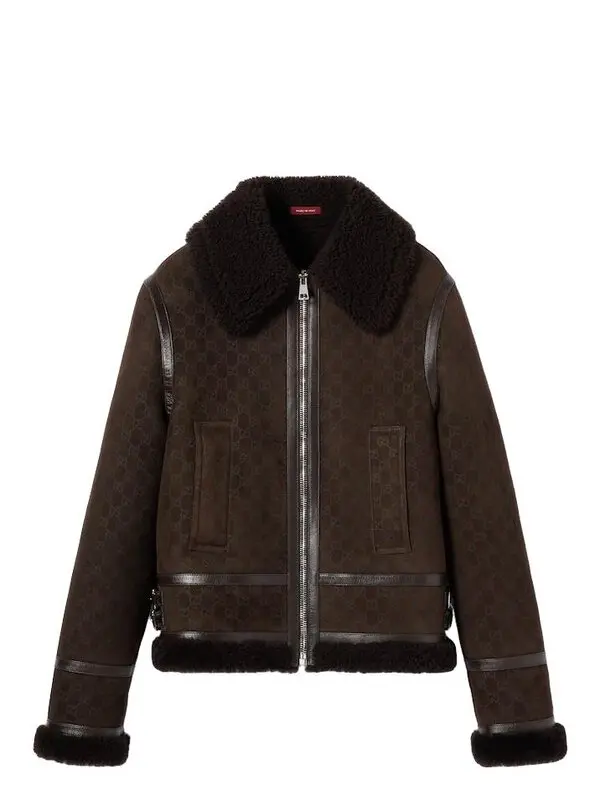 Gucci Printed Suede Shearling Jacket - Brown