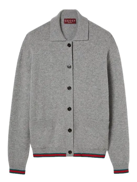 Gucci Wool And Cashmere Cardigan With Web - Grey