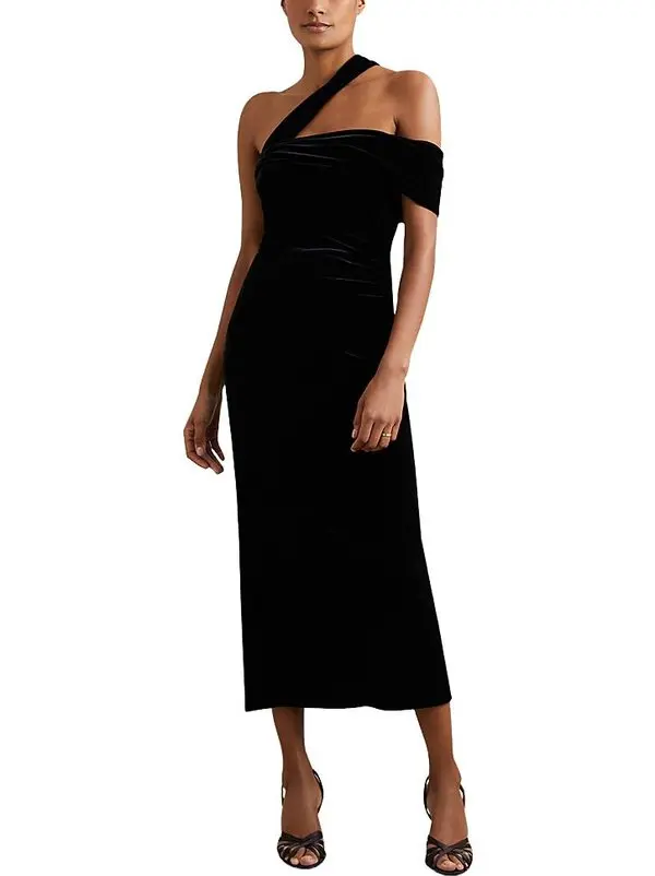REISS Dalia Velvet One Shoulder Midi Dress - Black