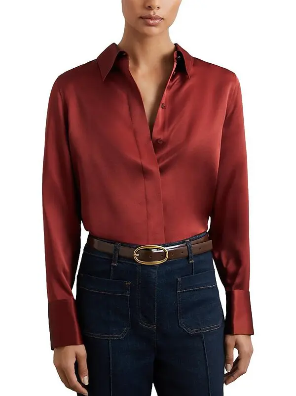 REISS Ameira Silk Satin Shirt - Dark Red