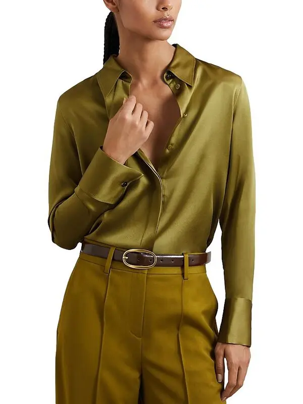 REISS Ameira Silk Satin Shirt - Light Green
