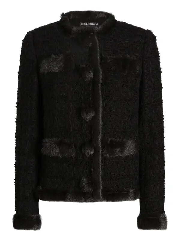 Dolce & Gabbana Single-breasted Tweed Jacket With Fur Details - Black