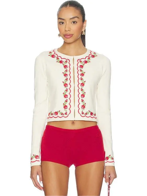 For Love & Lemons Rose Waltz Scalloped Knit Cardigan - Cream