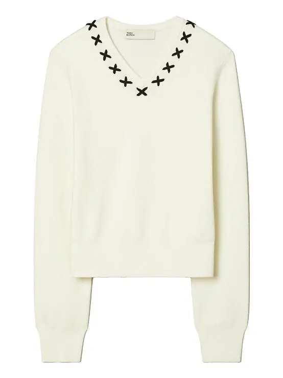 Tory Burch Embroidered Wool Sweater - New Ivory