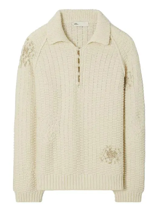 Tory Burch Wool And Alpaca Basketweave Sweater - Cream
