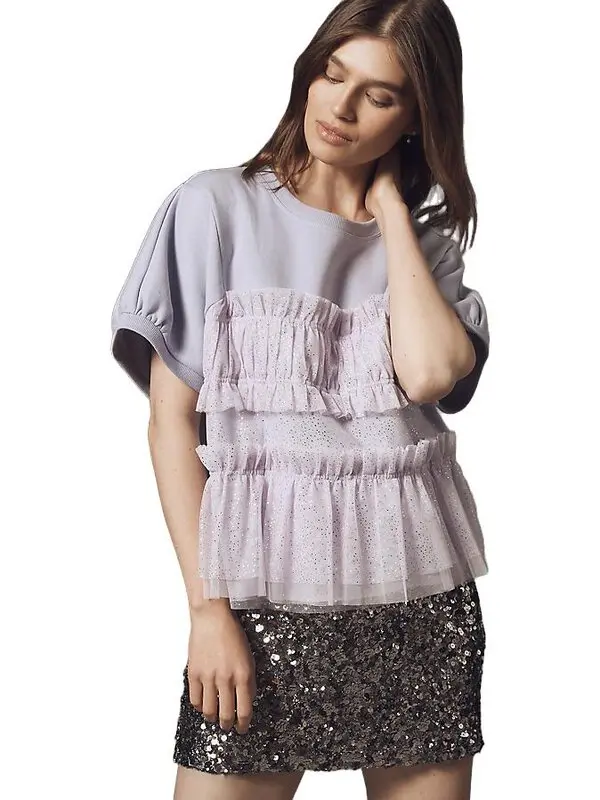 Maeve Short-sleeve Smocked Ruffled Sweatshirt - Bright Lavender
