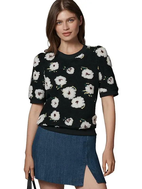 Anthropologie Short-sleeve Sherpa Fleece Top - Black & White Floral