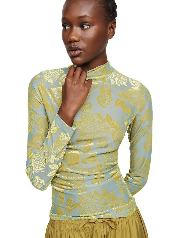 Anthropologie Flocked Mock-neck Long-sleeve Top - Blue Pattern