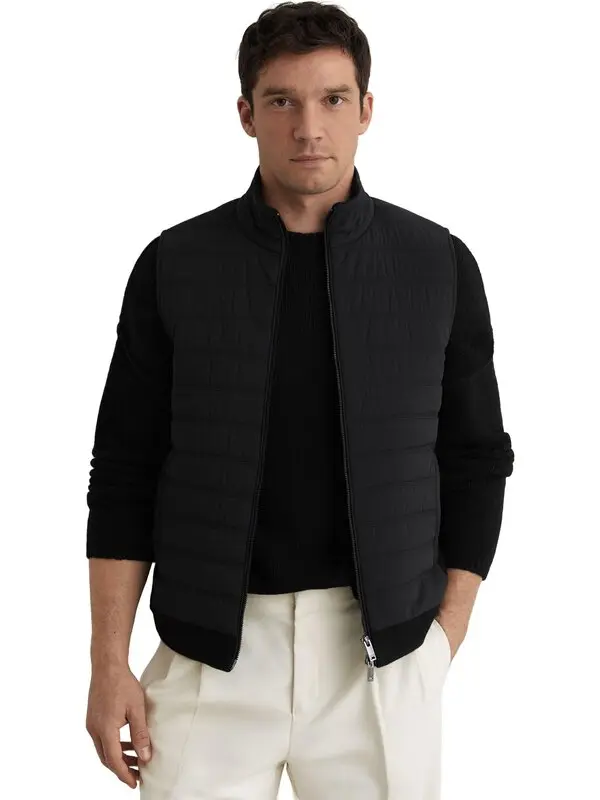 REISS Funnel-neck Quilted Knit Gilet - Black