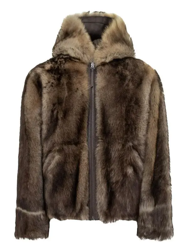YVES SALOMON Hooded Lamb Fur Jacket - Brown