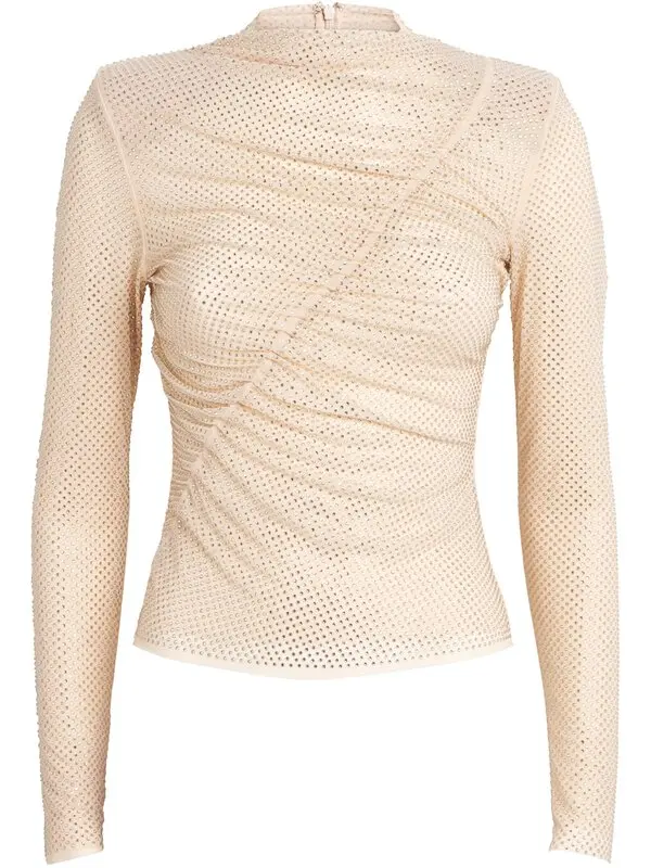 SELF-PORTRAIT Embellished Gathered Top - Beige