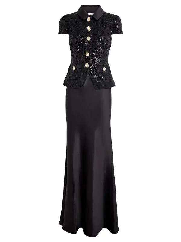 SELF-PORTRAIT Satin Sequin-embellished Maxi Dress - Black