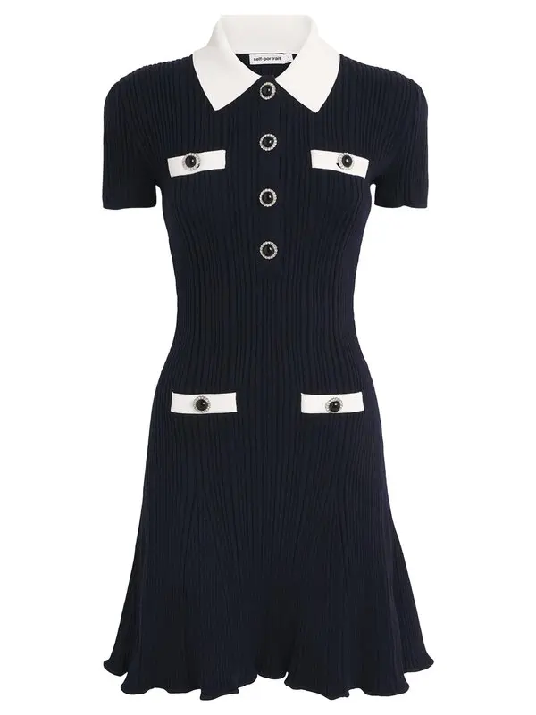 SELF-PORTRAIT Rib-knit Mini Dress With Contrast Trim - Navy