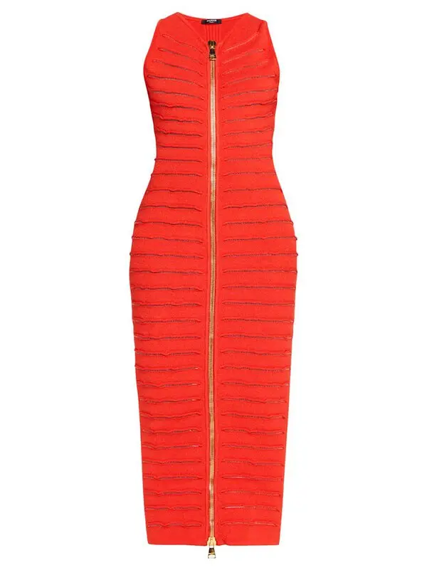 Balmain Sleeveless Cutout Zip Halter Maxi Dress - Red