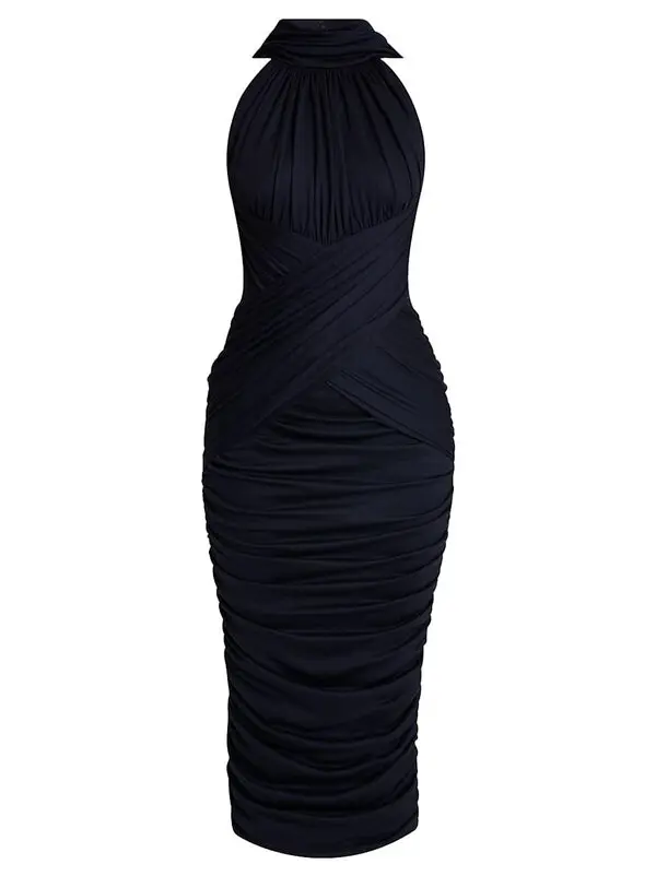 Balmain Pleated Jersey Halter Midi Dress - 4bi Rose N