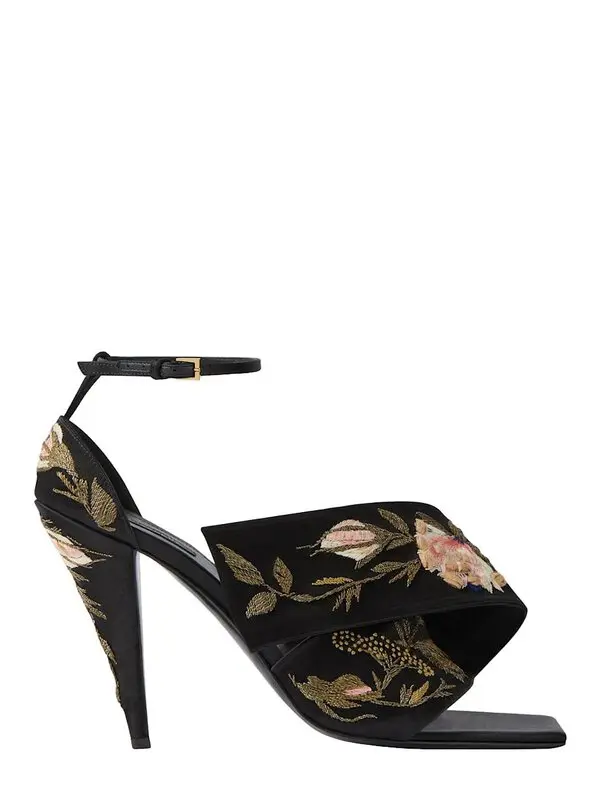 Givenchy Floral Embroidered Twisted Ribbon Sandals - Black
