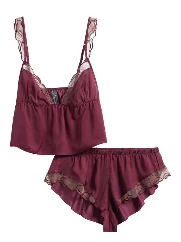 Bluebella Marabel Embroidered Trim Satin Camisole & Shorts Set - Cherry Lacquer/sheer