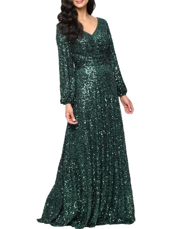 Alex Evenings Sequin Long-sleeve Gown - Emerald Green