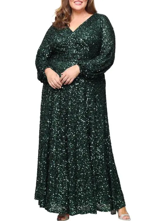 Alex Evenings Sequin Long Sleeve Gown - Emerald Green