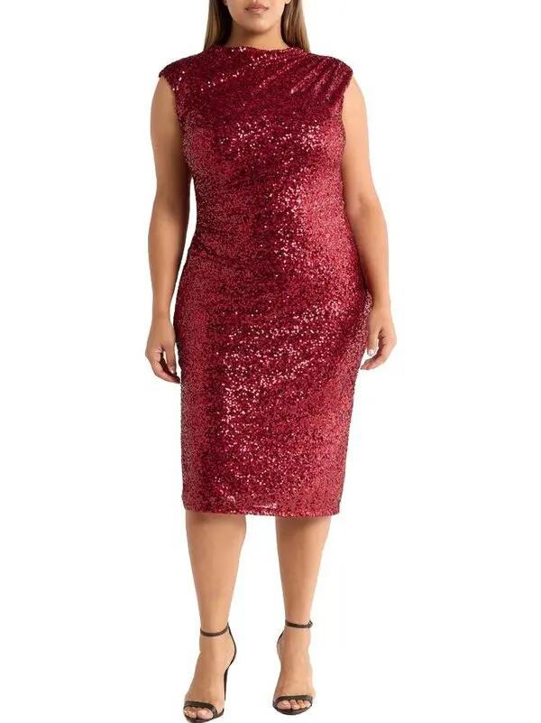 Anne Klein Sequin Drape Midi Dress - Titian Red