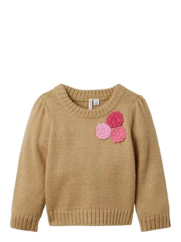 Janie And Jack Floral Appliqué Puff Sleeve Sweater - Beige