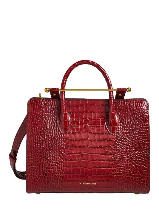 Strathberry Midi Croc Embossed Leather Tote - Oxblood