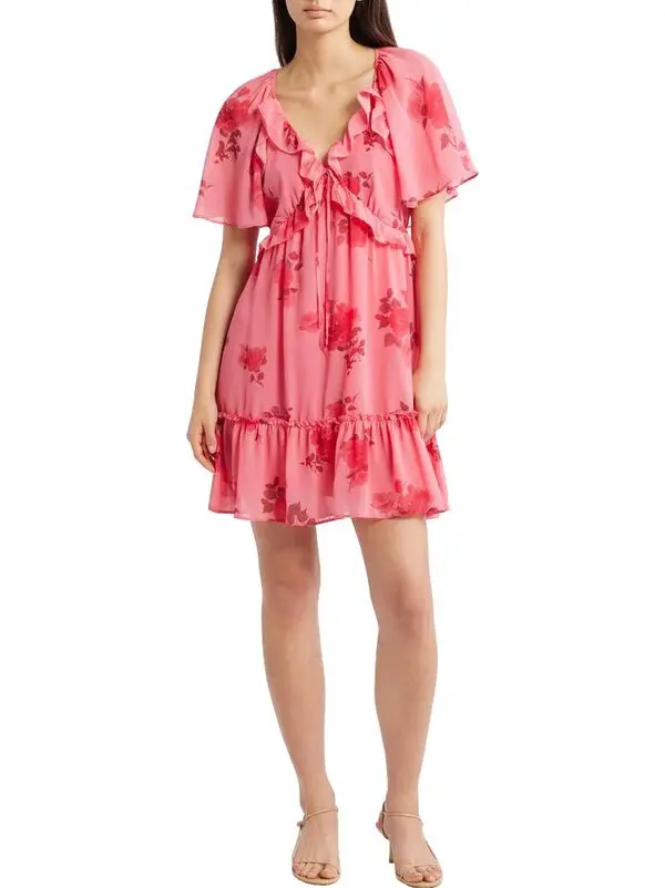 FRIENDS LIKE THESE Floral Print Ruffle Chiffon Mini Dress - Pink