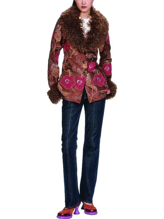 Anna Sui Poiret Rose Embroidered Faux Suede Jacket With Faux Fur Trim - Caramel Multi