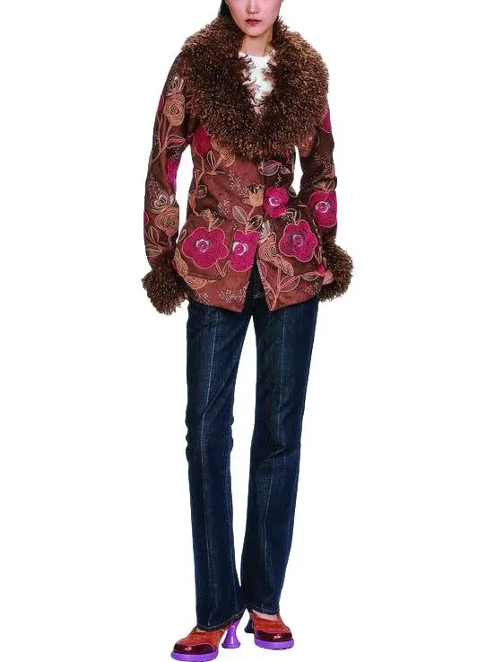 Anna Sui Poiret Rose Embroidered Faux Suede Jacket With Faux Fur Trim - Caramel Multi