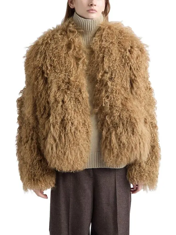 STAND STUDIO Curly Genuine Shearling Jacket - Caramel