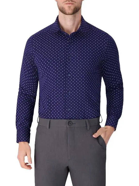 VICTOR EMMANUEL Regular Fit Geometric Print Knit Cotton Dress Shirt - Navy