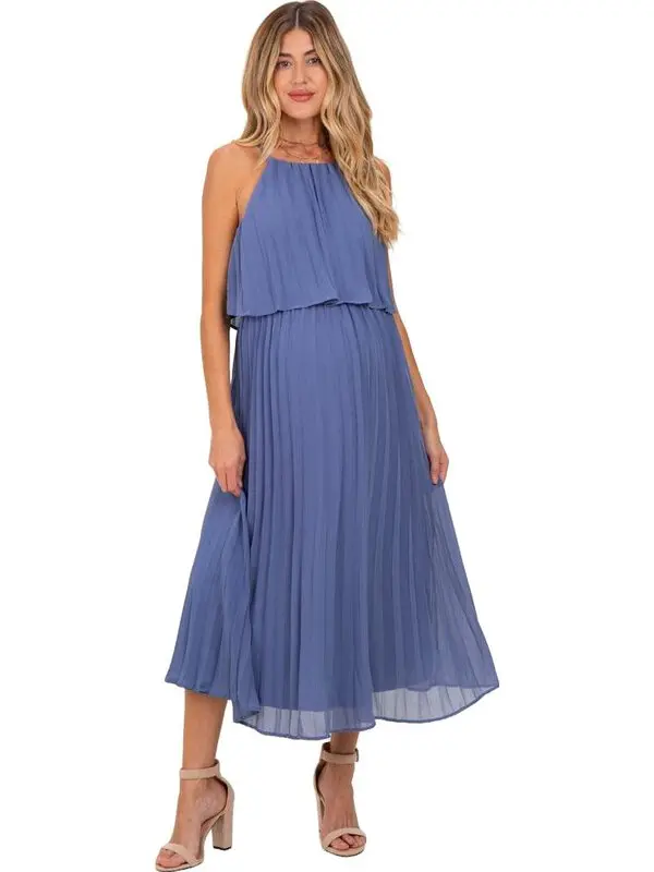 PINKBLUSH Pleated Woven Maternity Midi Dress - Denim