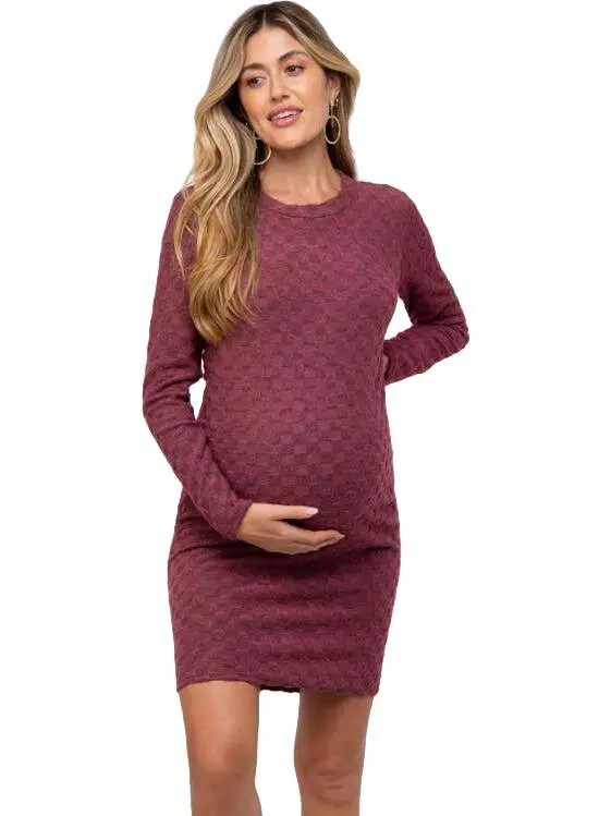 PINKBLUSH Soft Brushed Knit Long Sleeve Dress - Burgundy