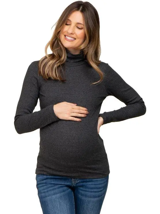 PINKBLUSH Ribbed Mock Neck Long Sleeve Top - Charcoal Grey