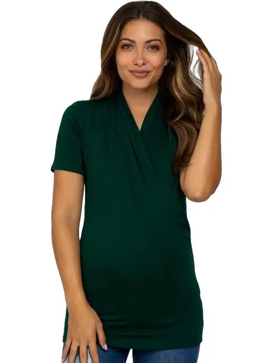 PINKBLUSH Short Sleeve Wrap Front Nursing Top - Forest Green