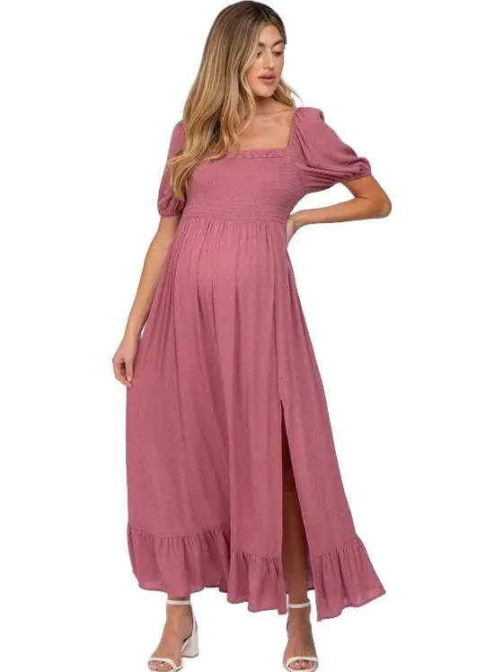 PINKBLUSH Swiss Dot Square Neck Smocked Maxi Dress - Mauve