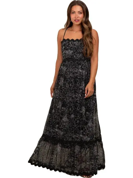 PINKBLUSH Floral Contrast Trim Maxi Dress - Black