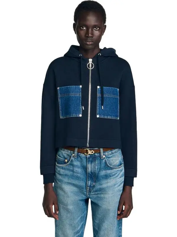 Sandro Knit Hoodie With Denim Pockets - Navy Blue