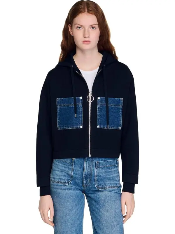 Sandro Knit Hoodie With Denim Pockets - Navy Blue