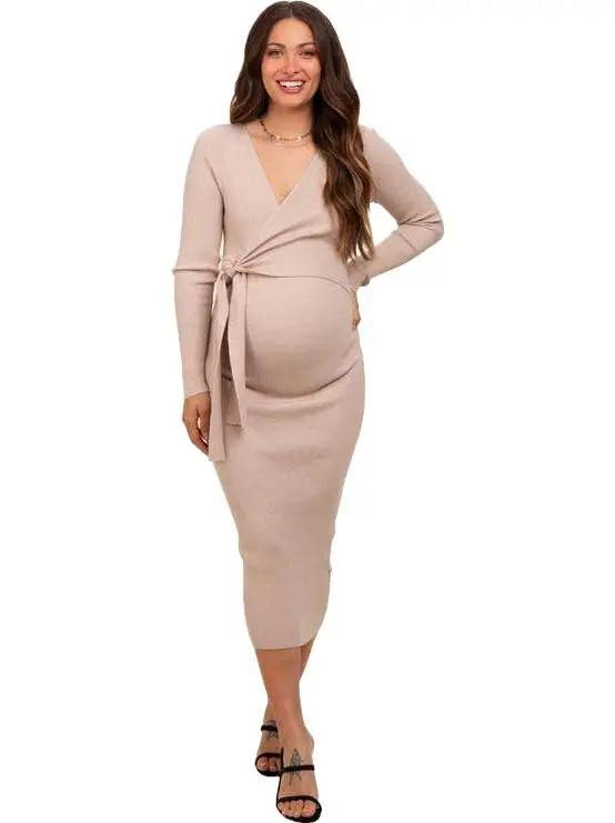 PINKBLUSH Fitted Long-sleeve Maternity Dress - Beige