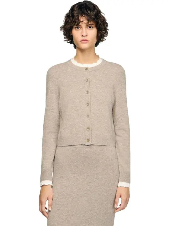 Sandro Fine Knit Cardigan With Contrast Collar And Cuffs - Caramel