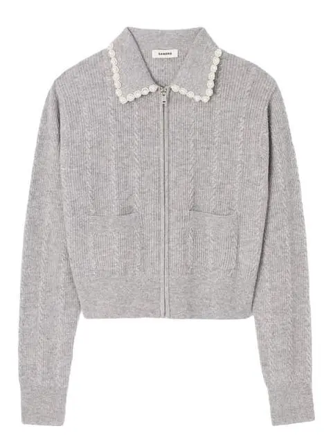 Sandro Cable Knit Cardigan With Beaded Collar - Grey