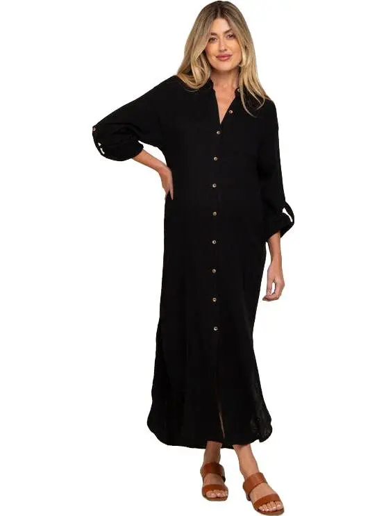 PINKBLUSH Button Down 3/4 Sleeve Midi Dress - Black