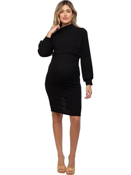 PINKBLUSH Rib Knit Mock Neck Nursing Dress - Black