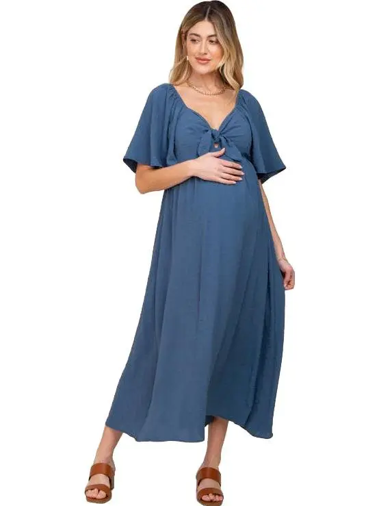 PINKBLUSH Textured Dot Front Tie Ruffle Sleeve Midi Dress - Navy Blue