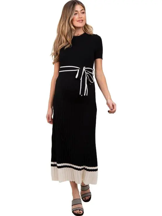 PINKBLUSH Ribbed Knit Pleated Midi Dress - Black