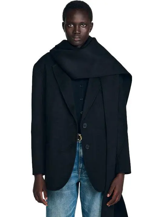 Sandro Wool Coat With Removable Scarf - Black