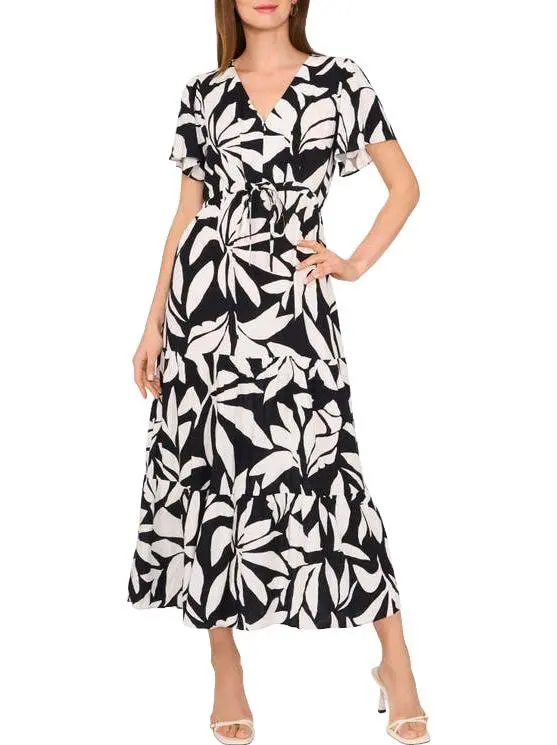 Vince Camuto Printed Flutter Sleeve Maxi Dress - Rich Black